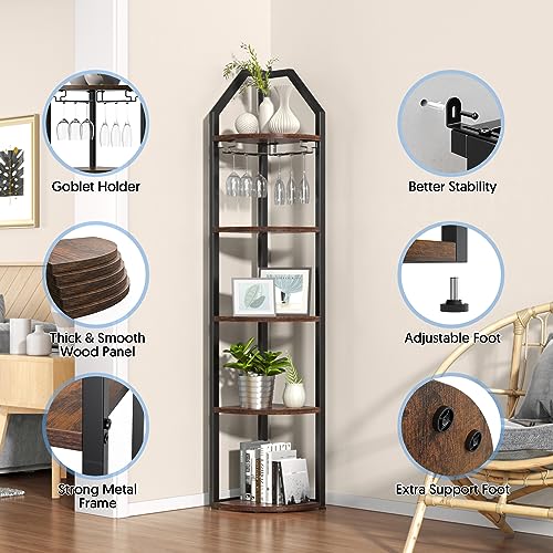 SAUCE ZHAN 70 Inch Rustic Corner Shelf 5 Tier Tall Corner Bookshelf with Storage Industrial Corner Shelf Stand with Goblet Holder Wooden Bookcase for Living Room, Kitchen, Small Space - Brown