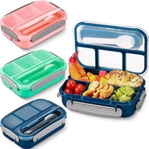 hotop 3 packs bento box, adult lunch box for kids, adults, toddler containers 1300ml with 4 compartment & fork leak proof, microwave, dishwasher, freezer safe, blue, green, pink, ht-hotop-274