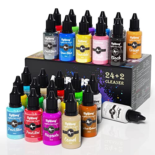 Airbrush Paint Set - 24 Colors Airbrush Paint with 2 Airbrush Cleaner, Ready to Spray, Water Based Acrylic Airbrush Paint Kit for Metal, Plastic Models, Leather, 20ml/Bottle