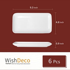 WishDeco Ceramic Rectangle Plates Set of 6, White Serving Platters, 9 Inch Small Serving Plates, Porcelain Party Plates for Appetizer, Dessert, Salad, Sushi, Snack, Cake, Microwave & Dishwasher Safe