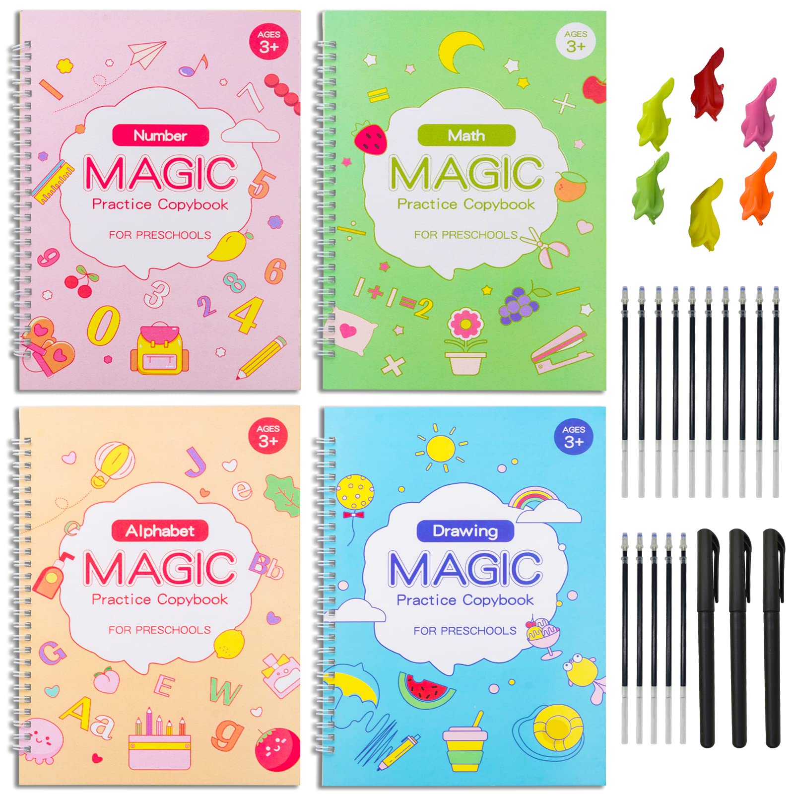 PHUSBLAY 4Pc Large Magic Practice Copybook for Kids,Cursive Workbook and Activity Book for Ages 3-5, Tracing Letters Numbers, Math, Kindergarten Sight Words for Kids(‎12.13 x 8.43 IN)