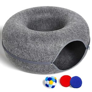 large cat tunnel bed for indoor cats with 3 toys, scratch resistant donut cat bed, for cats up to 22 lbs (l(24x24x11), dark grey)