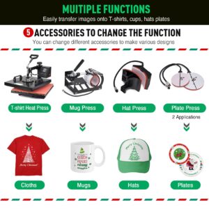 Slendor Heat Press 15x15 inch 5 in 1 Heat Press Machine 360 Degree Swing Away Digital Tshirt Press Machine Multifunction Sublimation Combo for T Shirts Mugs Hat Plate Cap Bottle