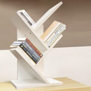 STEADYZ Solid Wood Tree Bookshelf, Modern Geometric Bookcase for Small Spaces and Small Rooms, Desktop Tabletop Kitchen Organizer, White