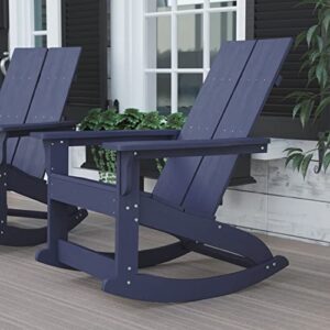 flash furniture finn modern commercial grade poly resin wood adirondack rocking chair - all weather navy polystyrene - dual slat back - stainless steel hardware