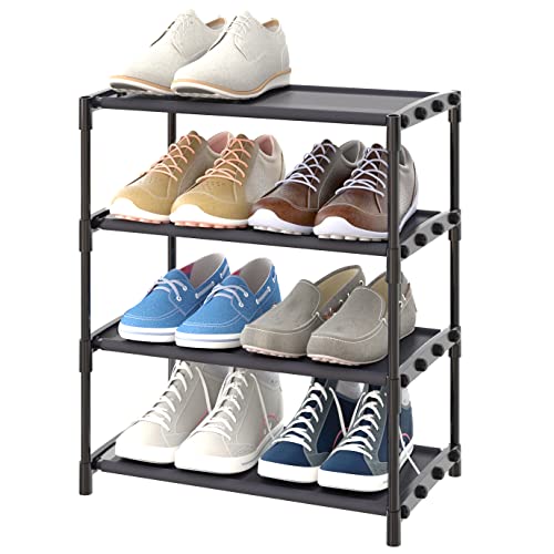 SHELAKET 4 Tiers Shoe Rack, Stackable Organizer for 8-10 Pairs, Non-Woven Fabric Expandable Shoe Shelf Storage Cabinet for Narrow Small Space（HG-Black）