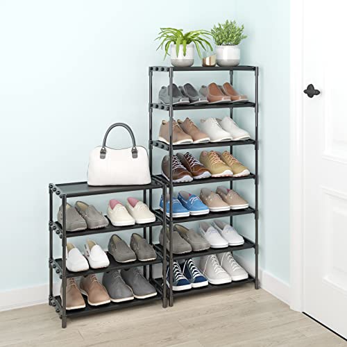 SHELAKET 4 Tiers Shoe Rack, Stackable Organizer for 8-10 Pairs, Non-Woven Fabric Expandable Shoe Shelf Storage Cabinet for Narrow Small Space（HG-Black）