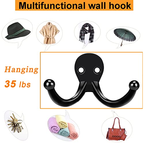 MsBong 10 Pack Coat Hooks,Wall Hooks for Hanging Coat,Heavy Duty Double Prong Coat Hooks Wall Mounted with 20 Screws, Black Hooks Indoor and Outdoor Hooks