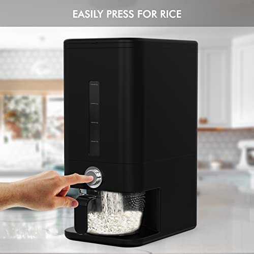 Retail Blade 25lb Rice Dispenser - Air Tight Grain & Rice Container With Smart Quantity Dispense, Measuring Cup - NEW Black Design Grain Storage Container.