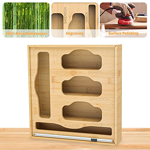 Ziplock Bag Storage Organizer with Cutter, 2 IN1 Bamboo Roll Plastic Bag Organizer for Kitchen Drawer, Compatible with Gallon Quart Sandwich Bag and Aluminum Foil Plastic Wrap