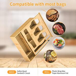 Ziplock Bag Storage Organizer with Cutter, 2 IN1 Bamboo Roll Plastic Bag Organizer for Kitchen Drawer, Compatible with Gallon Quart Sandwich Bag and Aluminum Foil Plastic Wrap