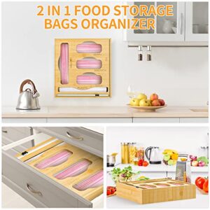 Ziplock Bag Storage Organizer with Cutter, 2 IN1 Bamboo Roll Plastic Bag Organizer for Kitchen Drawer, Compatible with Gallon Quart Sandwich Bag and Aluminum Foil Plastic Wrap