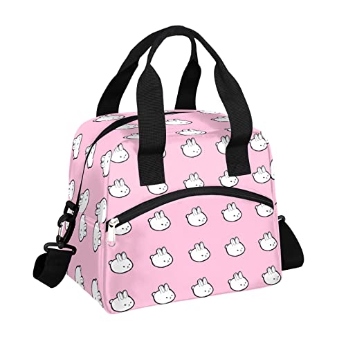 Cute Bunny Insulated Lunch Bag for Women Teen Girls Pink Kawaii Rabbit Large Cooler Thermal Lunch Box Durable Leakproof Tote Bag with Shoulder Strap for Work School Office Travel Meal Prep Bag