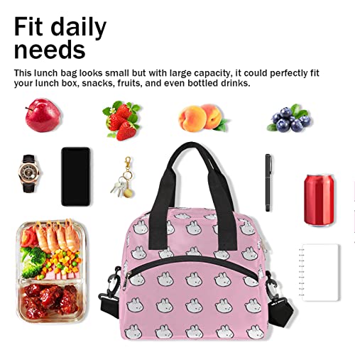 Cute Bunny Insulated Lunch Bag for Women Teen Girls Pink Kawaii Rabbit Large Cooler Thermal Lunch Box Durable Leakproof Tote Bag with Shoulder Strap for Work School Office Travel Meal Prep Bag