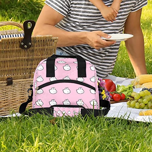 Cute Bunny Insulated Lunch Bag for Women Teen Girls Pink Kawaii Rabbit Large Cooler Thermal Lunch Box Durable Leakproof Tote Bag with Shoulder Strap for Work School Office Travel Meal Prep Bag