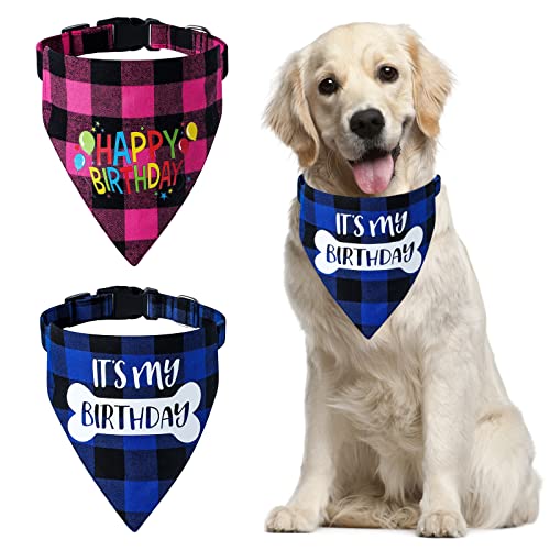 HACRAHO Dog Bandana Collar, 2 PCS It’s My Birthday Plaid Dog Bandana Happy Birthday Dog Birthday Bandana for Dog Birthday Party Supplies, L