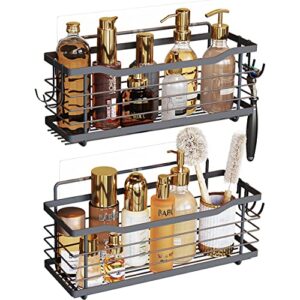 auroglint stainless steel black shower caddy, large storage shower racks for bathroom, wall mounted no drilling storage shower shelves with removable hooks (2 pack)