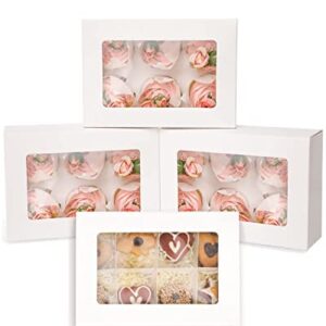 qiqee White 6 Cupcake Boxes with Window Auto-pop up 30 Packs Cupcake Box 9"x6.1"x3.3" Bakery Boxes For Cupcakes Carrier, Cupcake Containers