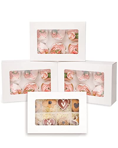 qiqee White 6 Cupcake Boxes with Window Auto-pop up 30 Packs Cupcake Box 9"x6.1"x3.3" Bakery Boxes For Cupcakes Carrier, Cupcake Containers