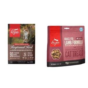 orijen® dry cat food, grain free, premium, high protein, fresh & raw animal ingredients, regional red, 12lb freeze dried cat treats, grass fed lamb, 1.25oz