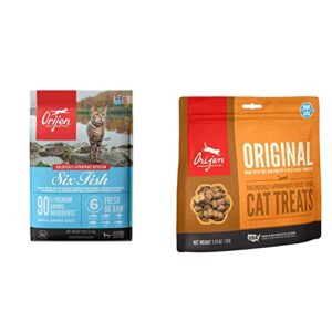 orijen® dry cat food, grain free, premium, high protein, fresh & raw animal ingredients, six fish, 12lb freeze dried cat treats, original, 1.25oz