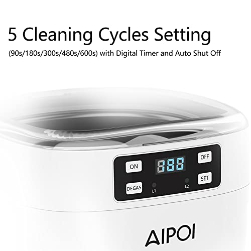 AIPOI Ultrasonic Jewelry Cleaner 750ML, Ultrasonic Cleaning Machine with Timer and Degas, 43KHz Ultrasound Bath for Cleaning Jewelry, Ring, Necklace, Silver, Eyeglass, Watch Chains, Denture, Coins