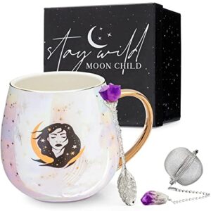 holy santo fancy coffee mug gift set - stay wild moon child witchy mug with crystal spoon and crystal tea infuser - goth novelty mugs for women wife mothers day witch gifts, 500ml ceramic tea cup