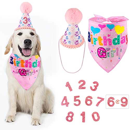 PurrNbark Dog Birthday Bandana Hat with Number Patry Supplies Cute Doggy Bandana for Small Medium Boy Girl Blue Pink Pet Birthday Celebration Soft Triangle Scarf Colorful Words Pattern