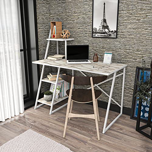 Decorotika Admira 47 inches Wide Wood Metal Industial Writing Computer Writing Desk with Shelving for Home Office - Ephesus White