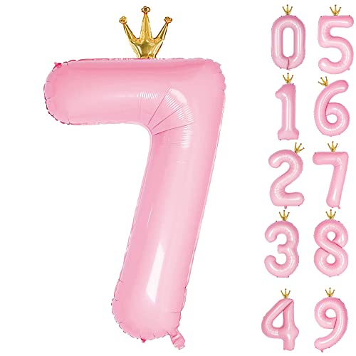 Gifloon Number 7 Balloon with Crown, Large number balloons 40 inch, 7th Birthday Party Decorations Supplies 7 Year Old Birthday Sign Decor, Pink