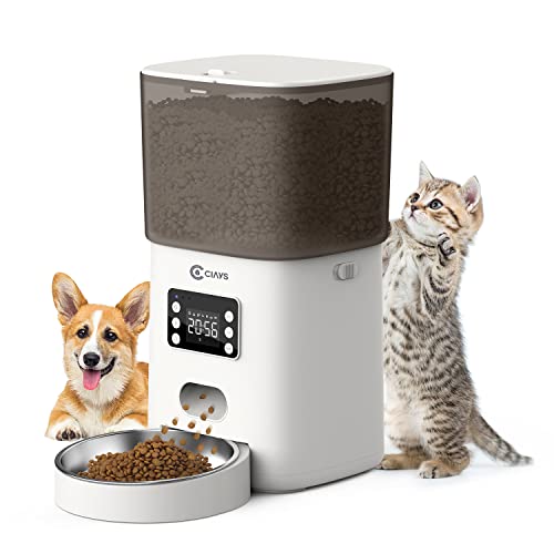 Ciays Automatic Cat Feeders, 6L Cat Food Dispenser Up to 20 Portions 6 Meals Per Day, Pet Dry Food Dispenser with Distribution Alarms for Small Medium Cats Dogs, White