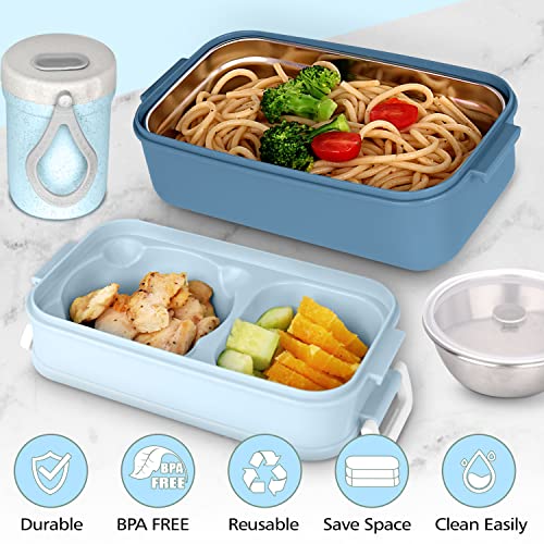 Homnoble Bento Box Adult Lunch Box, Bento Box for Kids Adult Leakproof BPA-Free 3 Compartment Lunch Box Container 4 in 1 Meal Prep Container Dishwasher SafeMicrowave Safe With Utensils & Bag, Blue