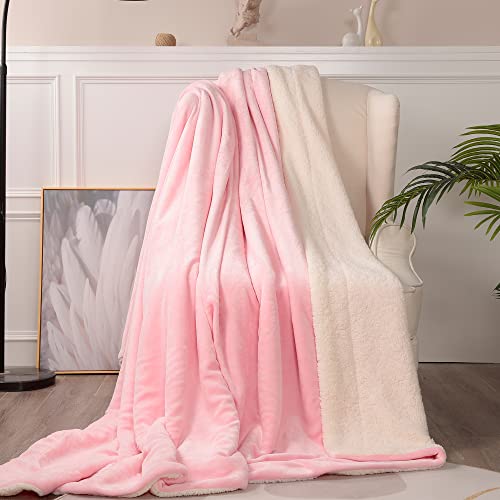 Stellhome Sherpa Fleece Throw Blanket, Fluffy Warm Super Soft Reversible Soild Plush Blanket for Bed, Sofa and Couch, 60 x 80 inches, Pink