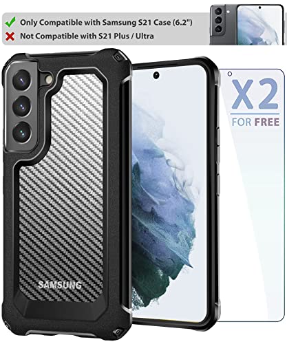 SUPBEC Galaxy S21 Case, Carbon Fiber Shockproof Protective Cover with Screen Protector [x2] [Military Grade Protection] [Scratch Resistant & Anti-Fingerprint], Samsung Galaxy S21 Case, 6.2", Black