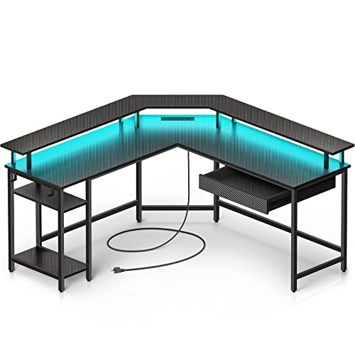 Rolanstar L Shaped Gaming Desk with Drawer, 55.1" Reversible Computer Desk with Power Outlets & LED Lights, Home Office Desk with Monitor Stand, Corner Desk with Hooks Cabon Fiber