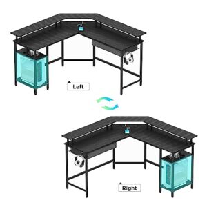 Rolanstar L Shaped Gaming Desk with Drawer, 55.1" Reversible Computer Desk with Power Outlets & LED Lights, Home Office Desk with Monitor Stand, Corner Desk with Hooks Cabon Fiber