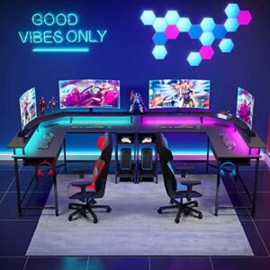 Rolanstar L Shaped Gaming Desk with Drawer, 55.1" Reversible Computer Desk with Power Outlets & LED Lights, Home Office Desk with Monitor Stand, Corner Desk with Hooks Cabon Fiber