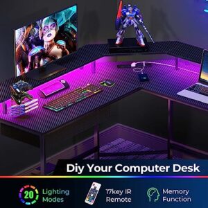 Rolanstar L Shaped Gaming Desk with Drawer, 55.1" Reversible Computer Desk with Power Outlets & LED Lights, Home Office Desk with Monitor Stand, Corner Desk with Hooks Cabon Fiber