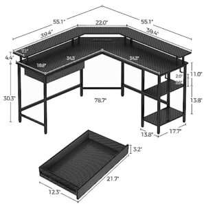 Rolanstar L Shaped Gaming Desk with Drawer, 55.1" Reversible Computer Desk with Power Outlets & LED Lights, Home Office Desk with Monitor Stand, Corner Desk with Hooks Cabon Fiber