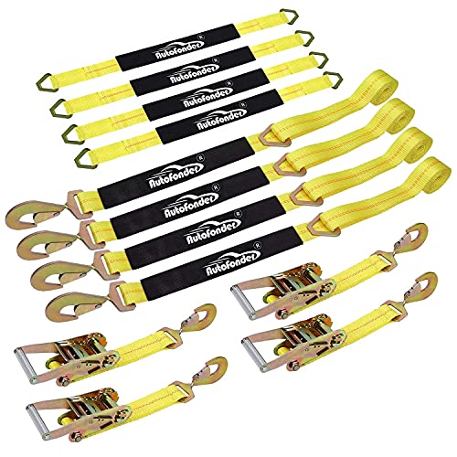 Autofonder Complete Axle Strap Tie Down Kit 10' Heavy Duty Vehicle Tie Down Strap-Breaking Strength 10,000lbs-Working Load Limit 3,333lbs-Car Tire Straps for Car, Truck, UTV & More