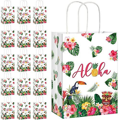 16 Pack Hawaiian Gift Bag Luau Party Bags Summer Tropical Paper Bag with Handle Luau Treat Bag Palm Leaf Candy Bag for Summer Tropical Aloha Festival Hawaiian Luau Holiday Party Supplies Favor (White)