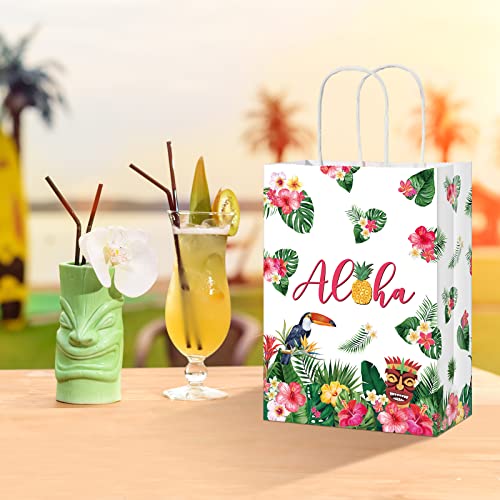 16 Pack Hawaiian Gift Bag Luau Party Bags Summer Tropical Paper Bag with Handle Luau Treat Bag Palm Leaf Candy Bag for Summer Tropical Aloha Festival Hawaiian Luau Holiday Party Supplies Favor (White)