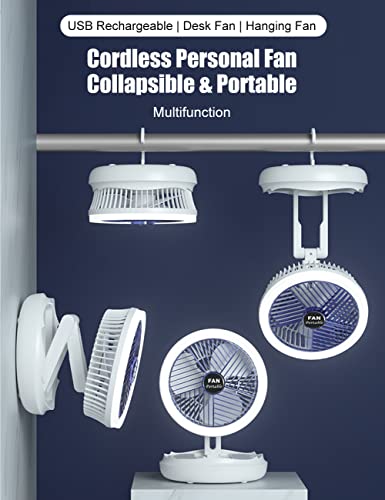 NORMIA RITA 7In Foldable Small Desk Fan with Light, Multifunction Personal Fan with Dimmable LED Light Quiet Rechargeable Portable Fan with Hanging Hook/Wall Mounted for Home Office Travel