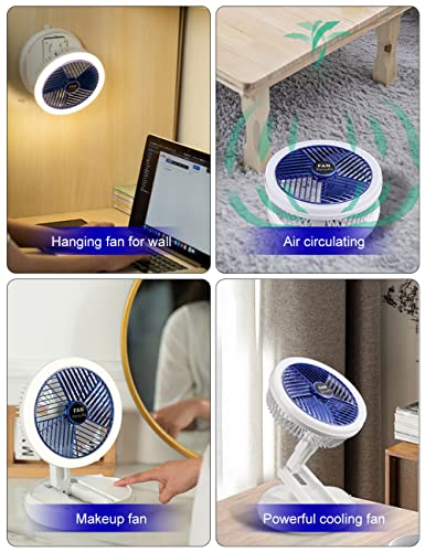 NORMIA RITA 7In Foldable Small Desk Fan with Light, Multifunction Personal Fan with Dimmable LED Light Quiet Rechargeable Portable Fan with Hanging Hook/Wall Mounted for Home Office Travel