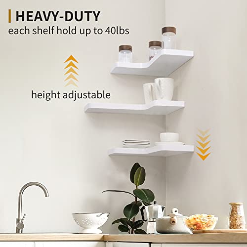 fuqing Corner Floating Shelves, Wall Shelf Set of 3, Shelves for Wall Storage, Solid Wood Shelves for Storage, Wall Mount Wooden Display Shelf for Bathroom Bedroom Kitchen Garage, White