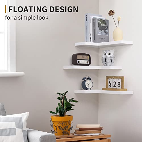 fuqing Corner Floating Shelves, Wall Shelf Set of 3, Shelves for Wall Storage, Solid Wood Shelves for Storage, Wall Mount Wooden Display Shelf for Bathroom Bedroom Kitchen Garage, White