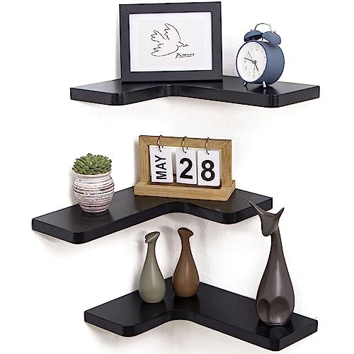 fuqing Corner Floating Shelves, Wall Shelf Set of 3, Shelves for Wall Storage, Solid Wood Shelves for Storage, Wall Mount Wooden Display Shelf for Bathroom Bedroom Kitchen Garage, Black