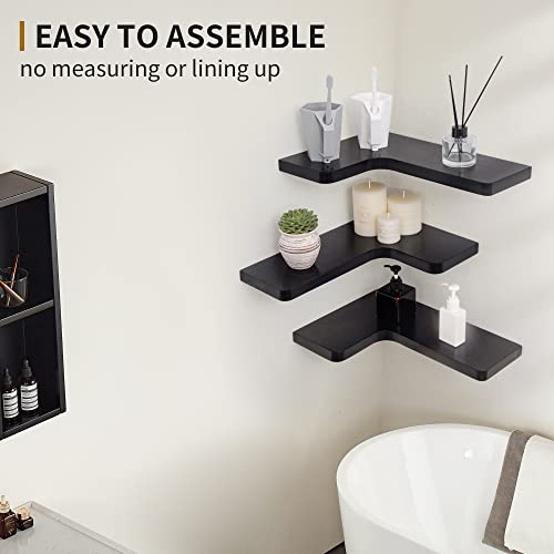 fuqing Corner Floating Shelves, Wall Shelf Set of 3, Shelves for Wall Storage, Solid Wood Shelves for Storage, Wall Mount Wooden Display Shelf for Bathroom Bedroom Kitchen Garage, Black