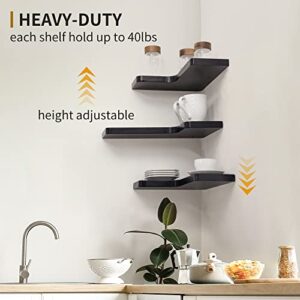 fuqing Corner Floating Shelves, Wall Shelf Set of 3, Shelves for Wall Storage, Solid Wood Shelves for Storage, Wall Mount Wooden Display Shelf for Bathroom Bedroom Kitchen Garage, Black