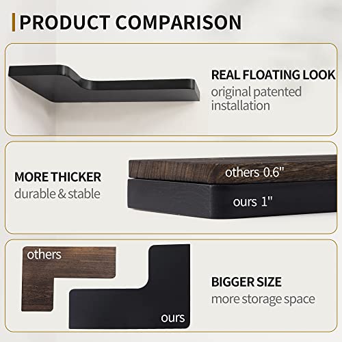 fuqing Corner Floating Shelves, Wall Shelf Set of 3, Shelves for Wall Storage, Solid Wood Shelves for Storage, Wall Mount Wooden Display Shelf for Bathroom Bedroom Kitchen Garage, Black